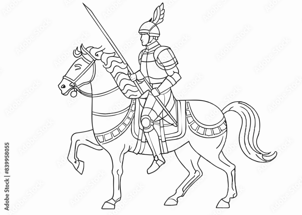 Continuous one line drawing of roman knight ridding horse with spear ...
