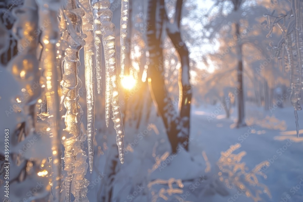 Ice storm aftermath in a forest, trees encased in ice with sunlight ...