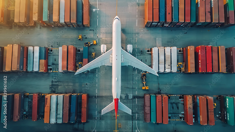 Aerial view and top view cargo plane flying above ship port in the ...