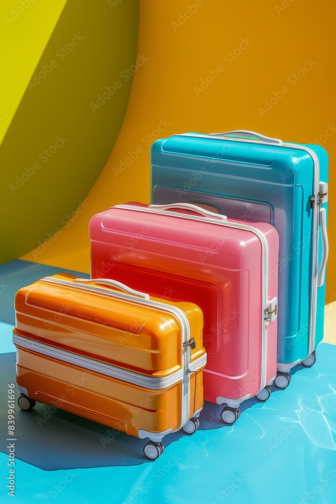 Four colorful suitcases are lined up on a yellow background. The ...