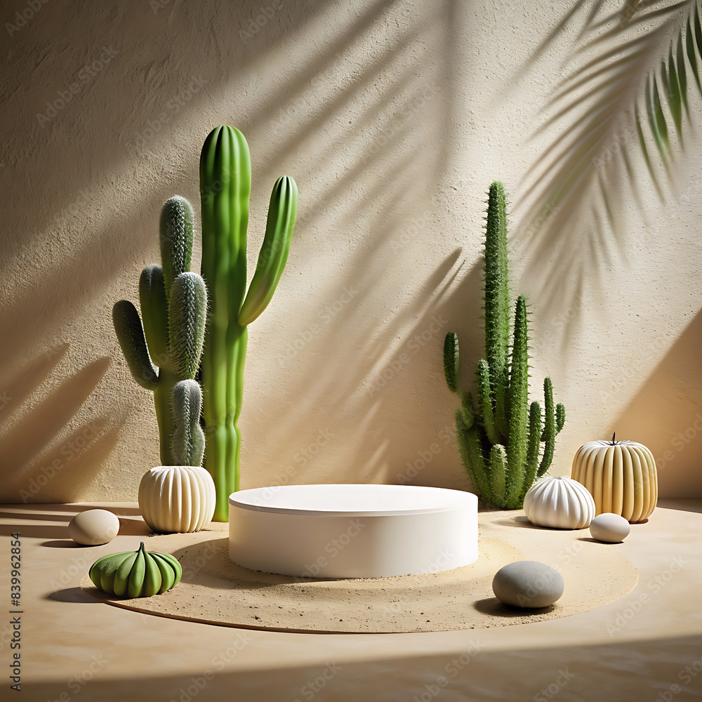 Minimalist White Round Podium on Sand Stone Block, Gravels, and Cacti for Product Display Stock ...