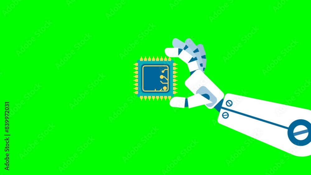 Robot cooperation. Artificial Intelligence. Robot's hand holds a processor, chip. AI, modern ...