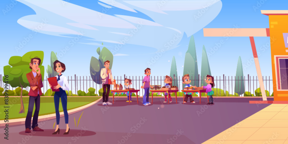 School children summer event - food festival with kids selling cookies ...