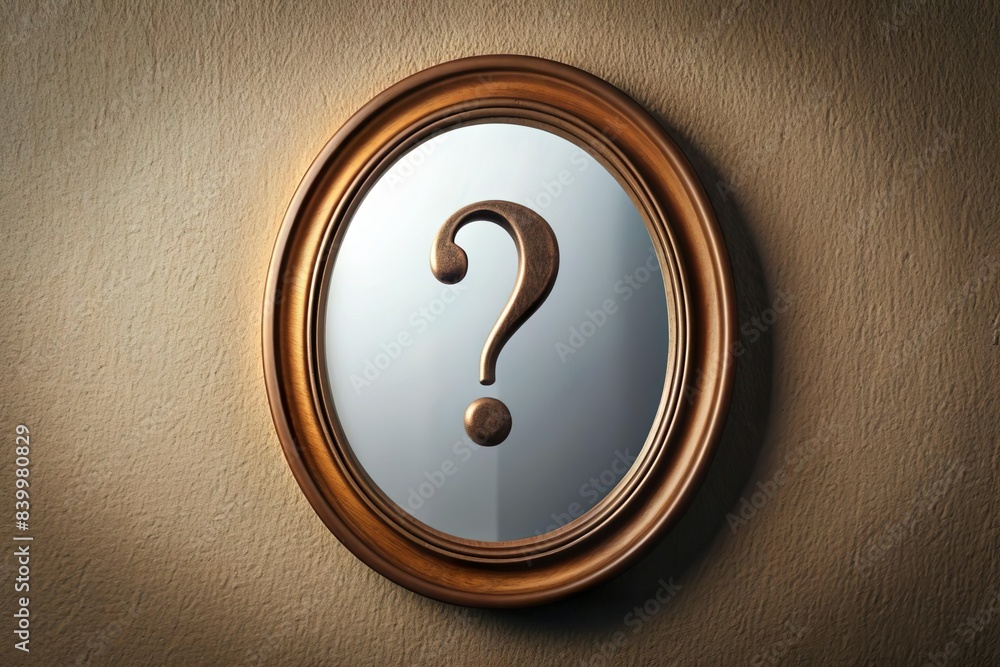 isolated mirror on wall with question mark. Self reflection and ...