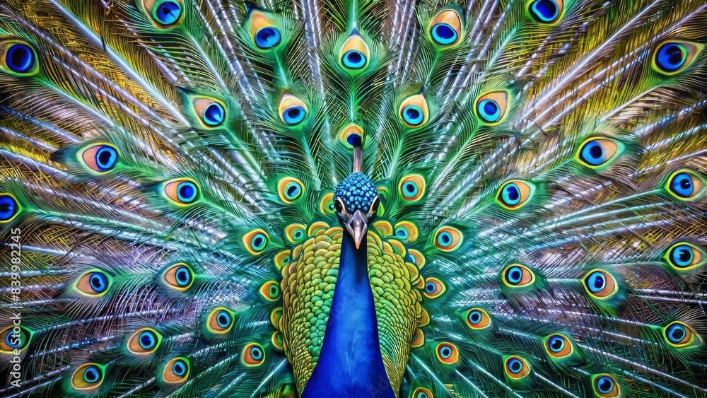 Vibrant iridescent blue and green peacock feather spreads its majestic ...