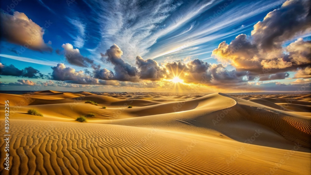 Ethereal vastness of golden sand dunes stretches towards endless blue ...