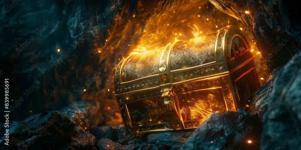 A golden treasure chest opens moment, glows, a glowing sword on a ...