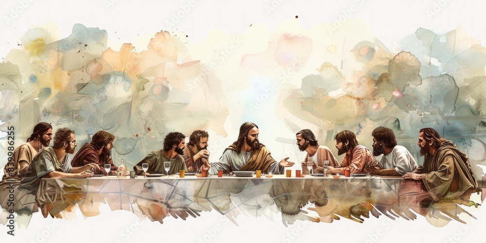Watercolor painting of the last supper, showing Jesus sitting at the ...