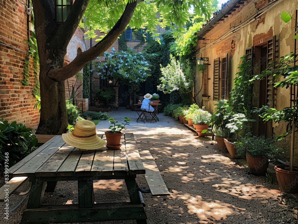 Peaceful italian garden scene captures lush greenery, terracotta pots, a sunlit courtyard, and ...