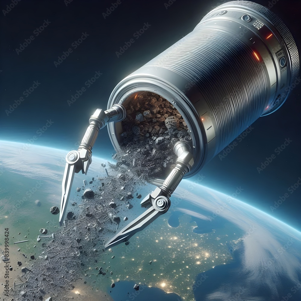 The image of space stations, spaceships, and robots clearing up extra ...