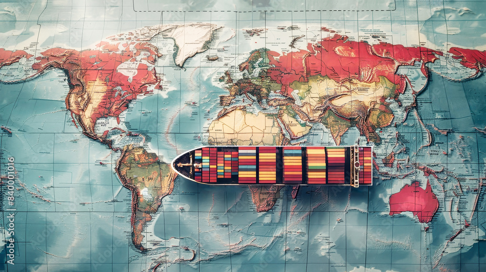 A container ship sailing on top of a map of the world, symbolizing ...