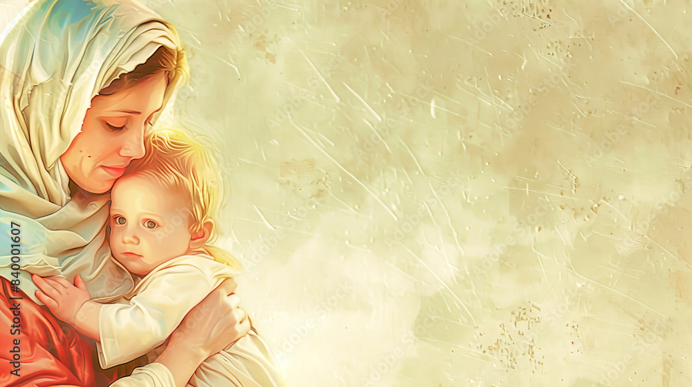 A painting depicting the Virgin Mary holding the baby Jesus close ...