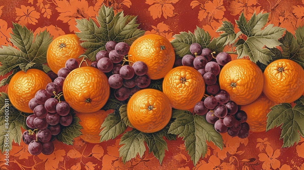 Orange and grape painting on a red wallpaper with an orange background ...