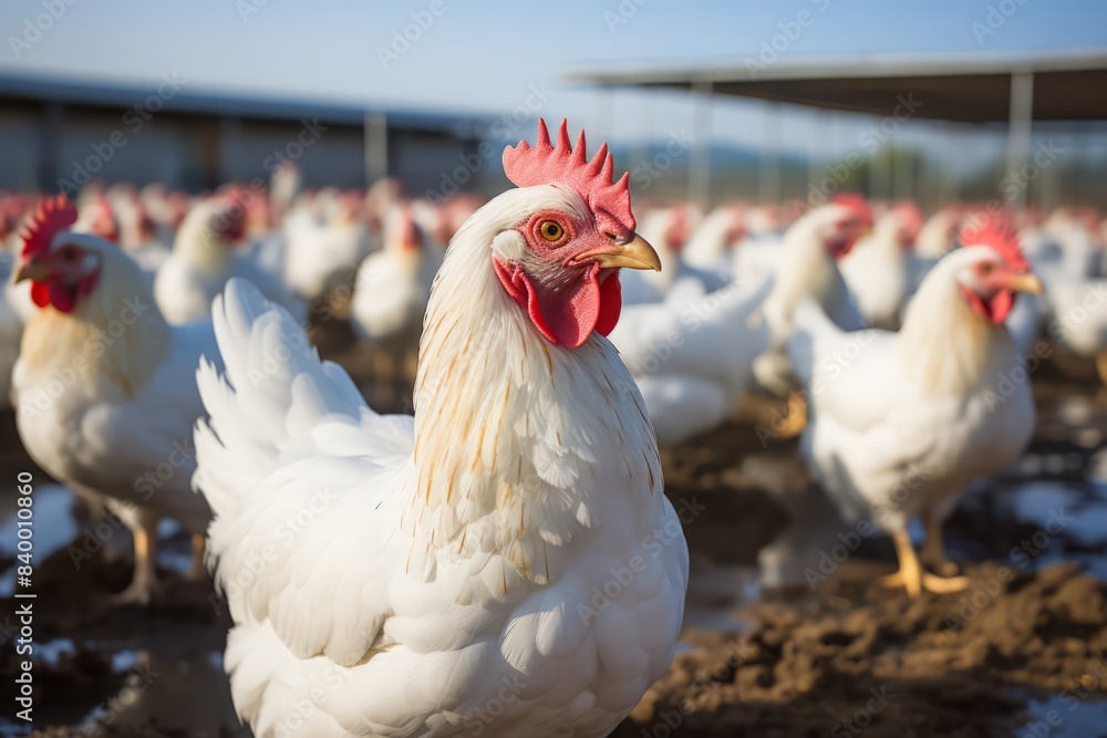 modern farm, a chicken coop with an abundance of poultry. well-fed ...