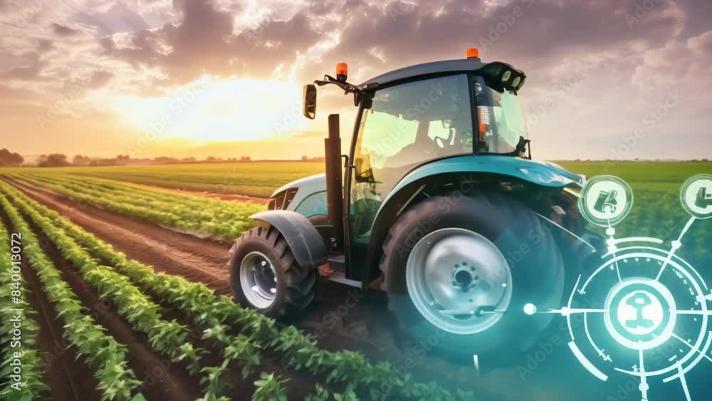 A modern tractor working in a vast field, enhanced by futuristic ...