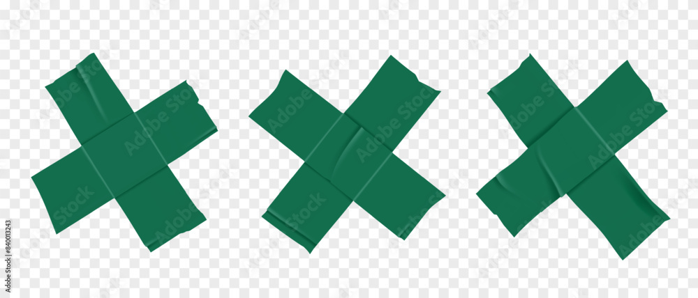 Vector set of 3D realistic green cross adhesive tape. Torn pieces of ...