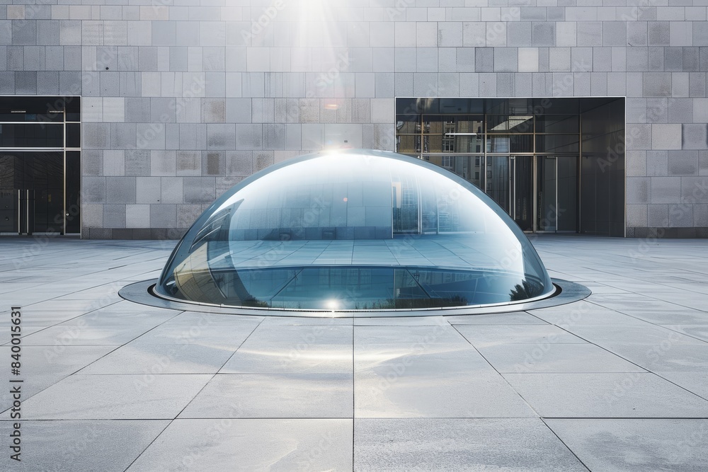 Empty square with a minimalist glass dome, transparent architecture ...