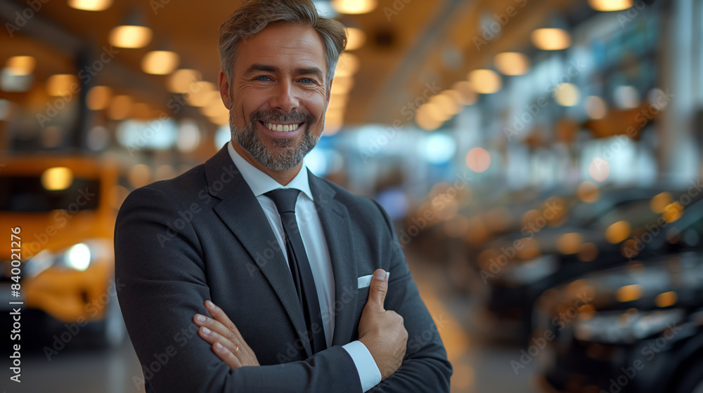 A man in a suit and tie is posing for a picture in a car dealership. He ...