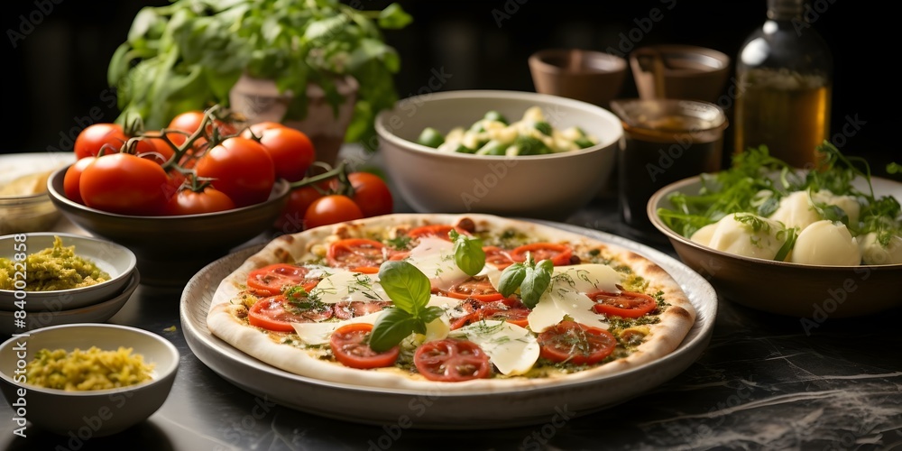 Italian meal spread with pizza pasta ravioli carpaccio caprese salad ...