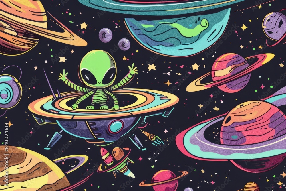 Cartoon cute doodles of playful aliens leaving graffiti art on ...