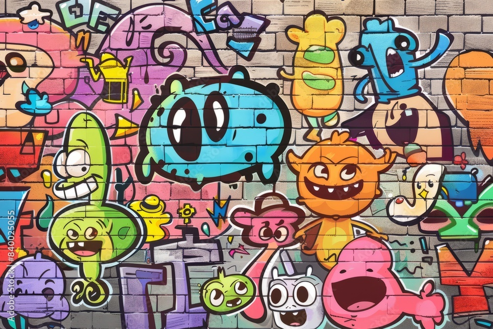 Cartoon cute doodles of playful characters tagging a brick wall with ...