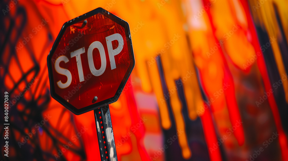 "STOP" commands attention against backdrop of warning colors like deep ...