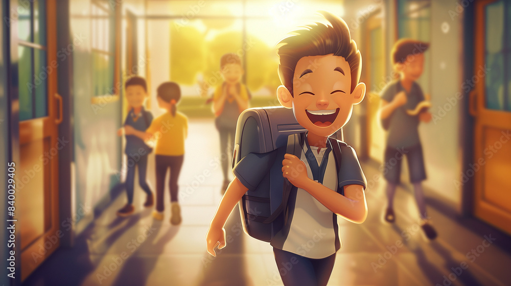 Cheerful student with backpack in school uniform, heading to school ...