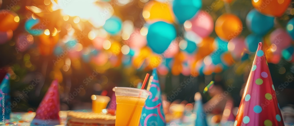 Blurry festive background with colorful party hats and balloons. Stock ...