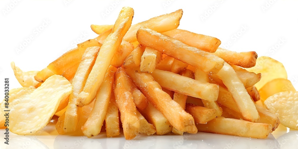 French fries and potato chips on white background. Concept Food Styling ...