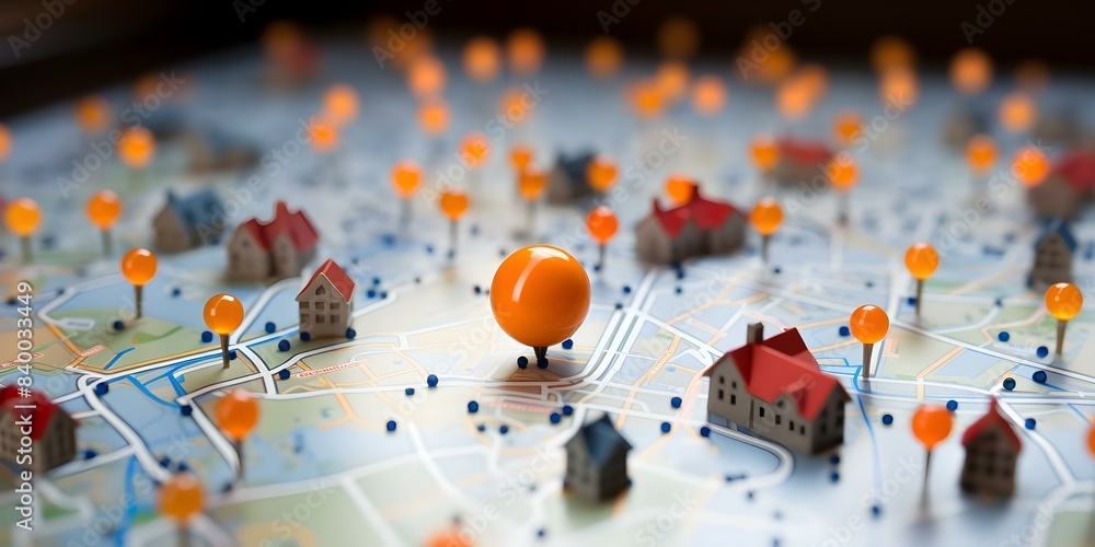 3D city map with GPS pointers for transportation locations. Concept 3D Mapping, GPS Navigation ...