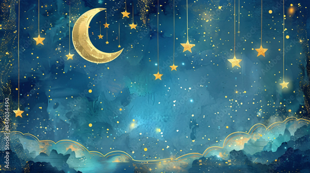 Cute moon and stars wallpaper with golden sparkles and blue night tones ...
