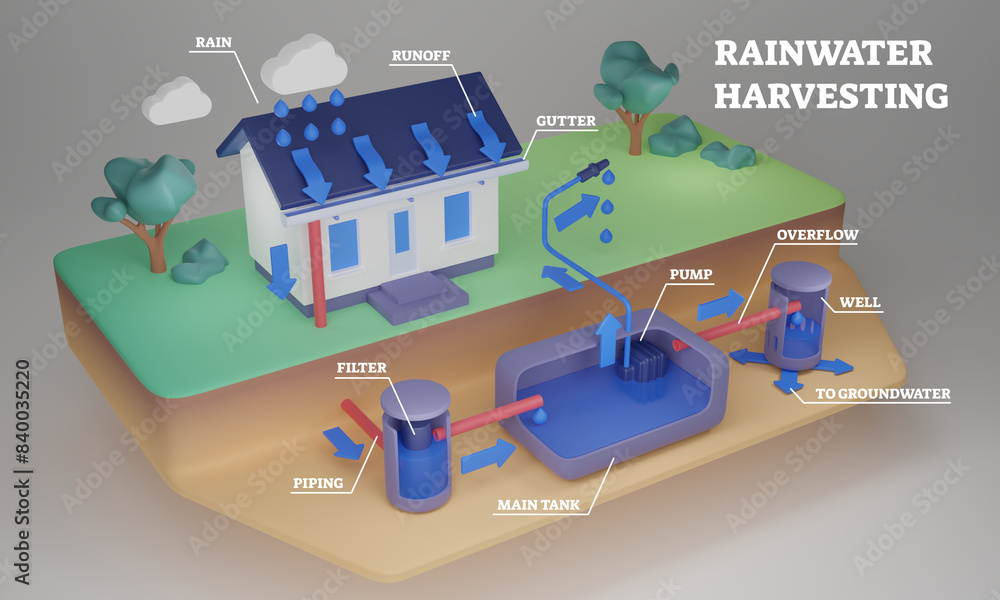 Rainwater harvesting and runoff water conservation system in 3D ...