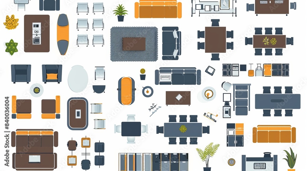 Office Furniture Top View Vector Elements Set. Kit for a workspace ...