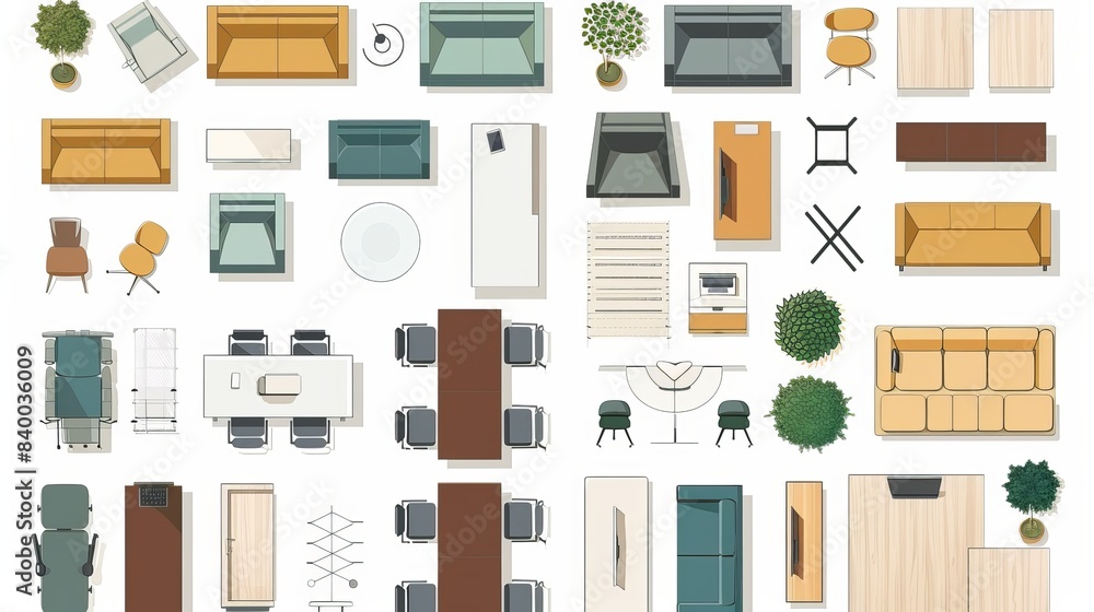 Office Furniture Top View Vector Elements Set. Kit for a workspace ...