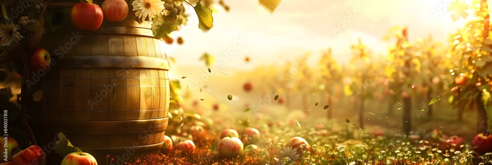 A barrel full of apples is surrounded by a field of apples. The barrel ...
