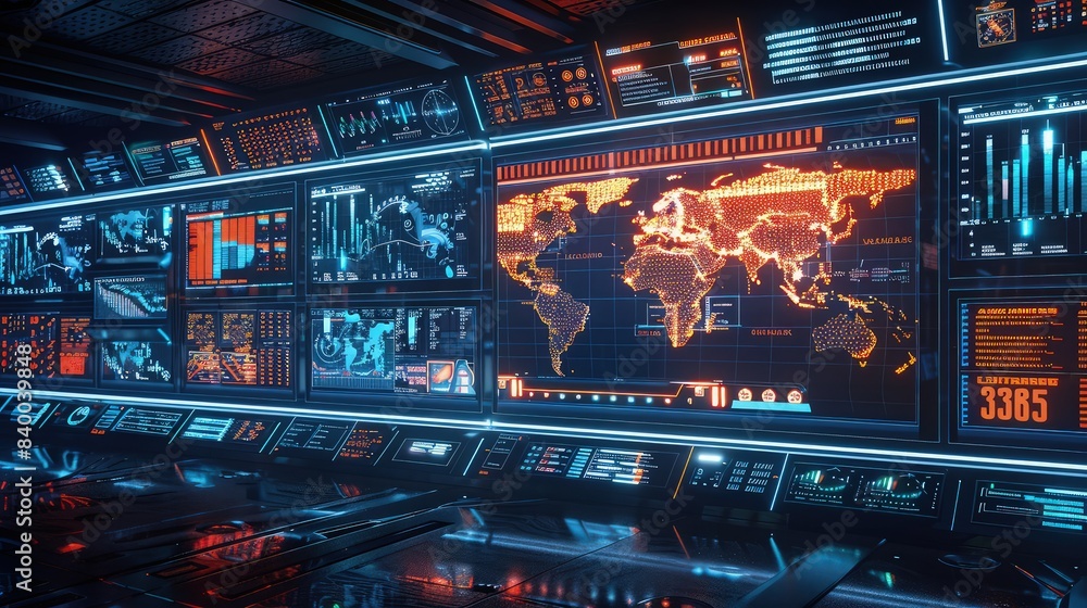 A digital command center background with screens displaying world maps ...