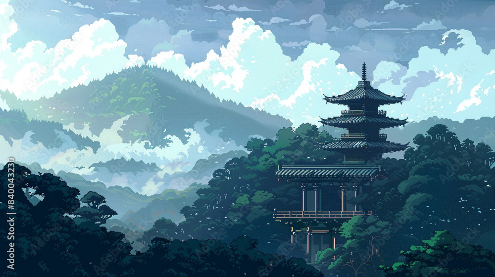 2d pixel art of japanese temple on the hill, pixel art, 16 bits, 32 ...