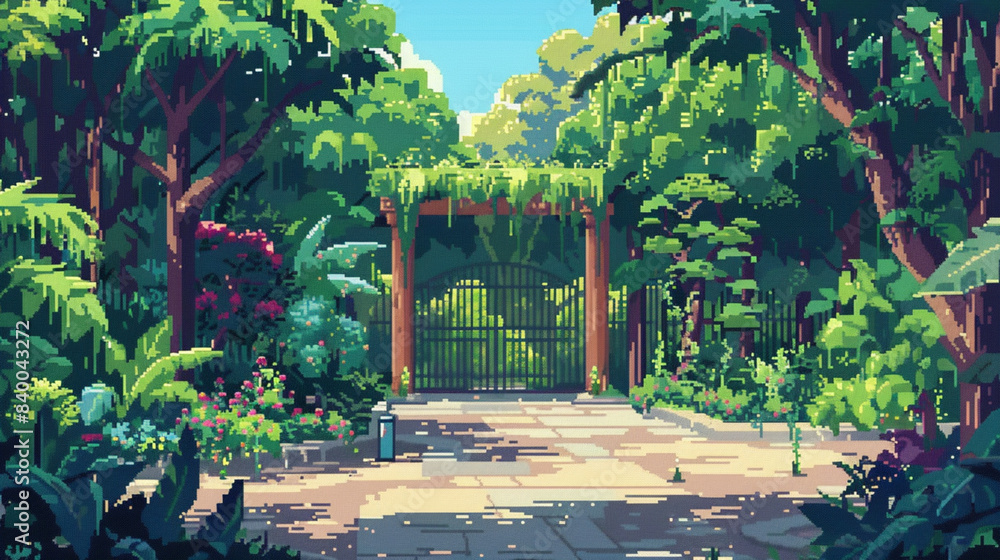 2d pixel art of wooden entrance on the park, flowers and trees, blue ...