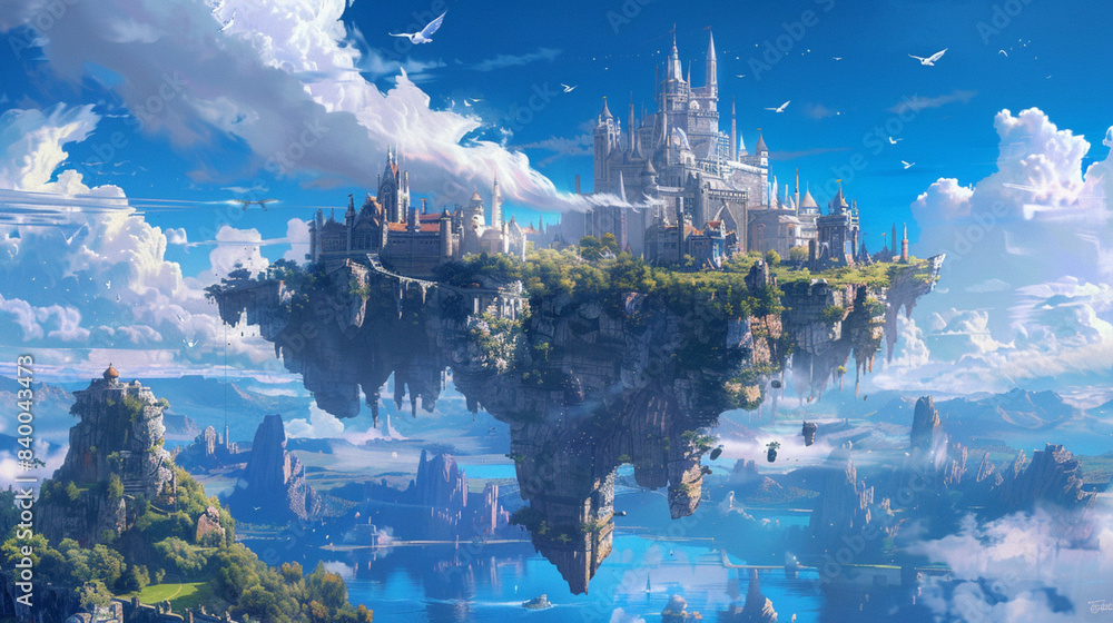 illustration of floating kingdom, floating isalnd, fantasy art, game ...