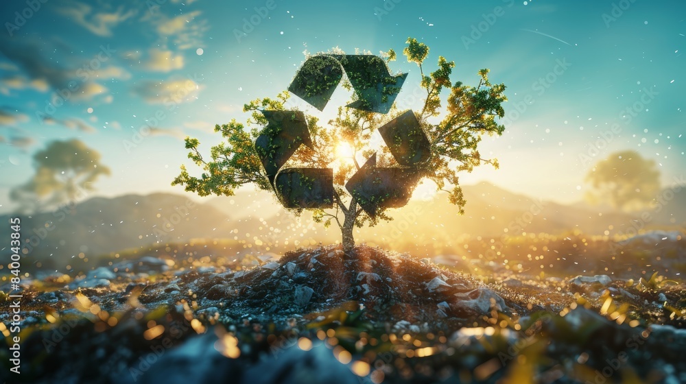 An inspiring artwork depicting a recycling symbol radiating light and ...