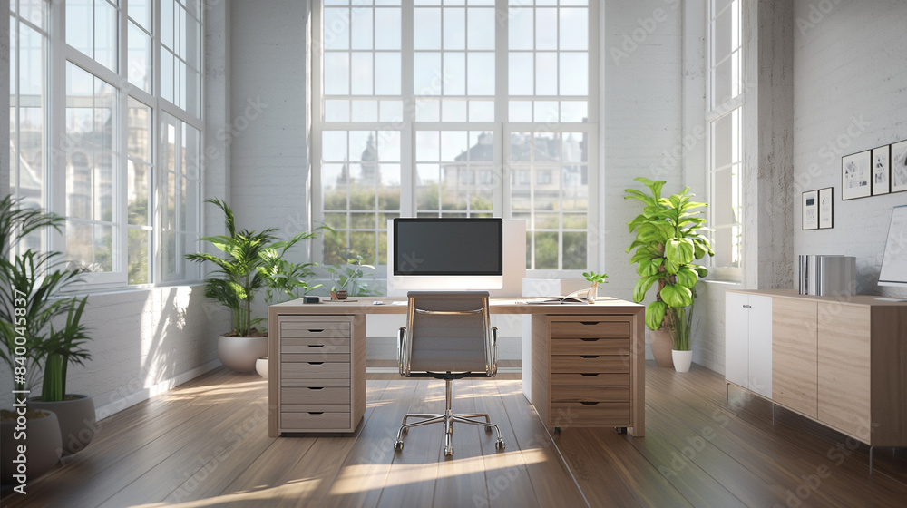 A high-resolution photograph of a modern office space featuring a large ...