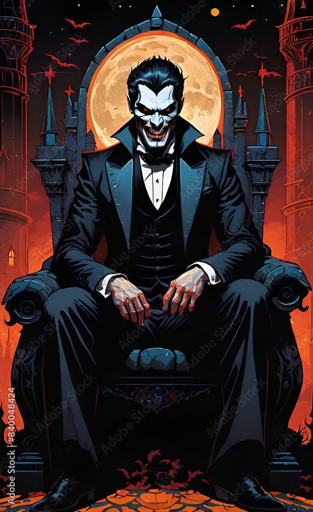 Handsome scary male vampire with fangs, in black fancy suit, sitting in ...