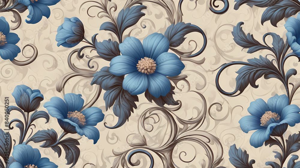 imagine a seamless pattern with a pretty scroll design with blue ...