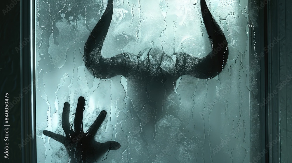 A horror-themed background with shadowy devil horns appearing behind ...