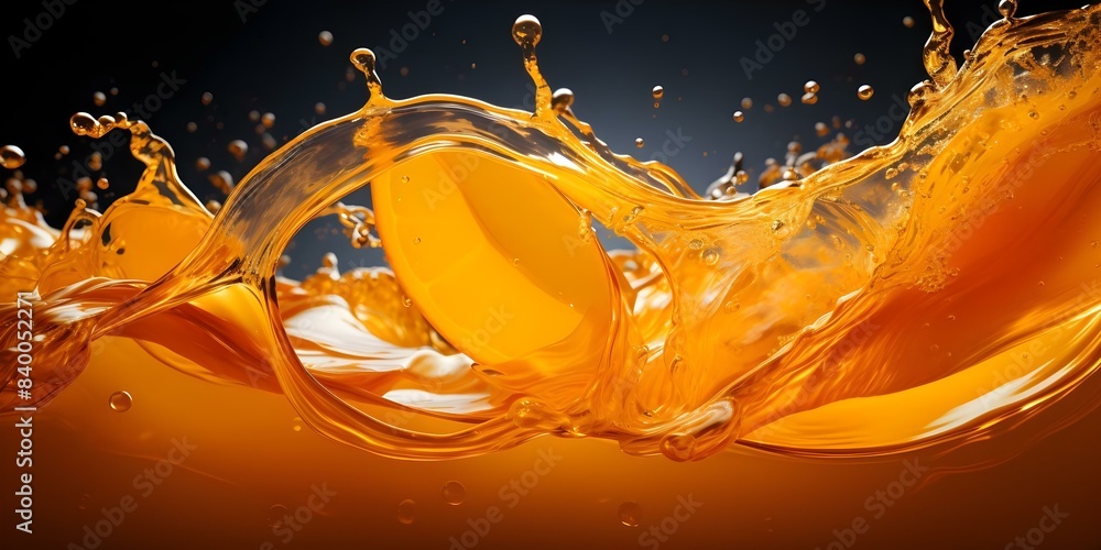 Abstract orange juice wave with yellow water splashes on isolated ...