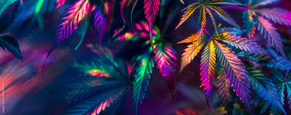 Cannabis leaves in vibrant neon light - purple, pink, blue, yellow ...