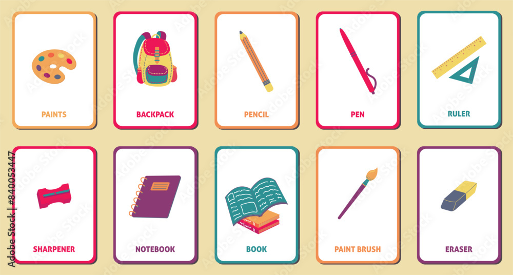 Vector printable flashcards set with cartoon school supplies. Kids ...