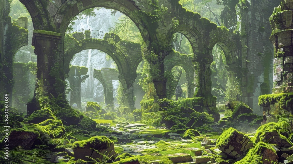 Stone magic portal, passageway to the unreal world. Green dense forest ...