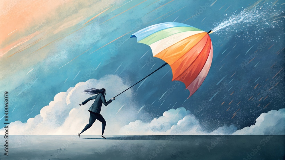 Person standing in a storm, umbrella being blown away, strong, facing ...