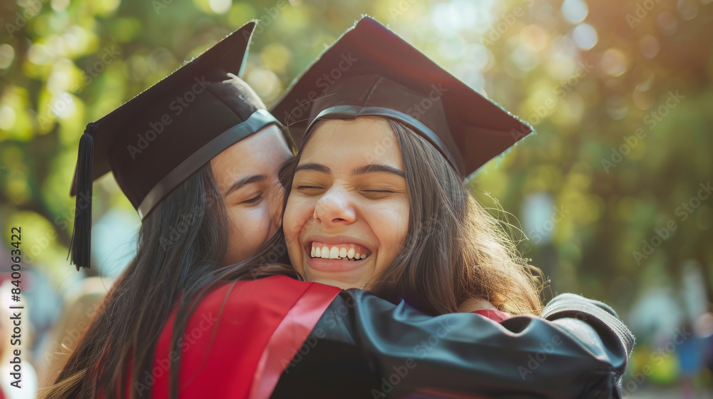 Joyful graduates sharing a heartfelt hug at their graduation ceremony ...